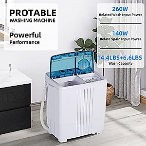 GRAVFORCE Portable Washing Machine, Mini Twin Tub Washer and Dryer Combo, 21lbs Capacity Washer(14.4Lbs) and Spinner(6.6Lbs), w/Built-in Gravity Drain for Camping, Apartments, Dorms, RV’s (Blue)