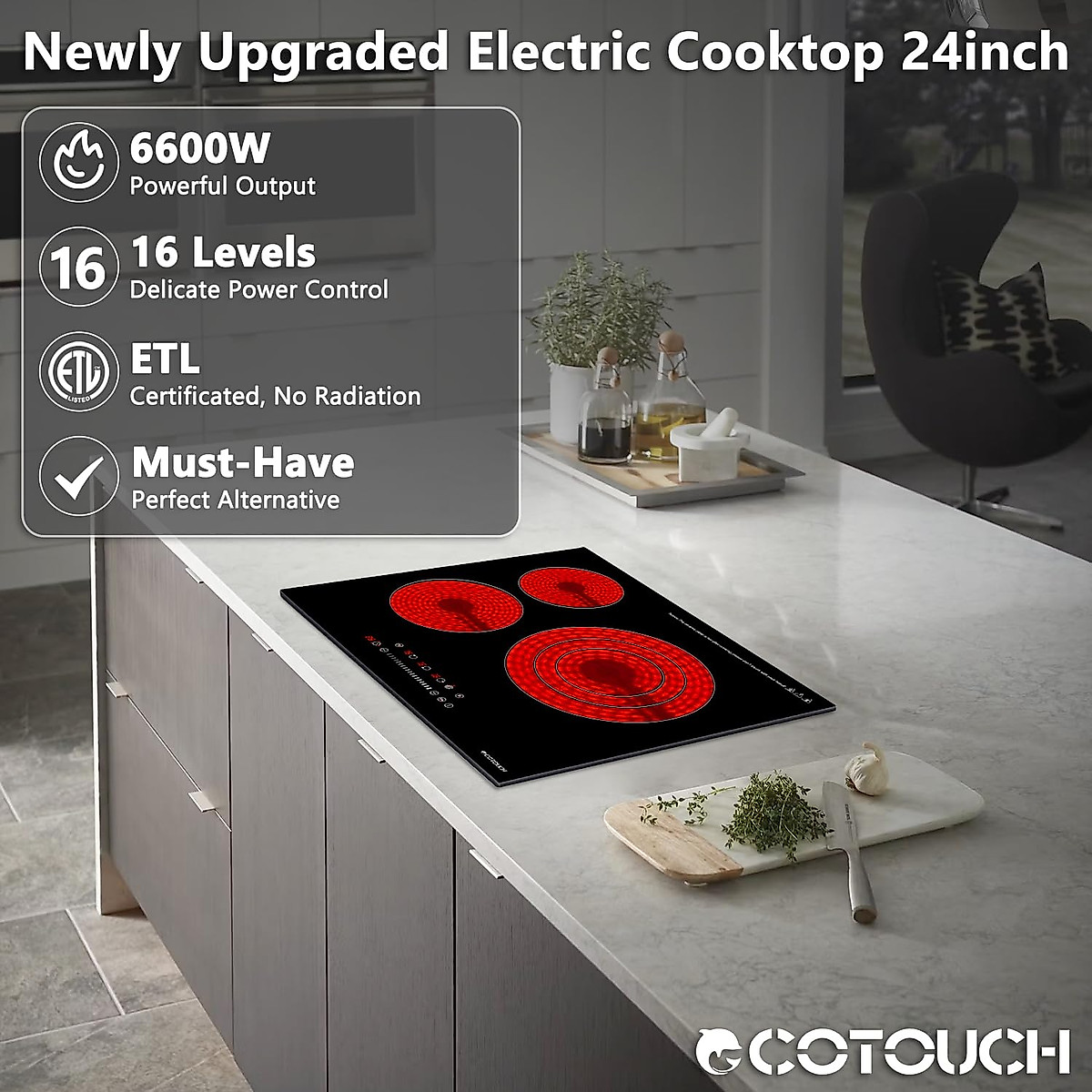 Electric Cooktop 24 Inch, ECOTOUCH Built-in Electric Stove Top 3 Burner Cooktops, ETL & FCC Certificated Glass Radiant Electric Stovetop 6600W, Upgraded 16 Power Levels, 220-240V for Hard Wire