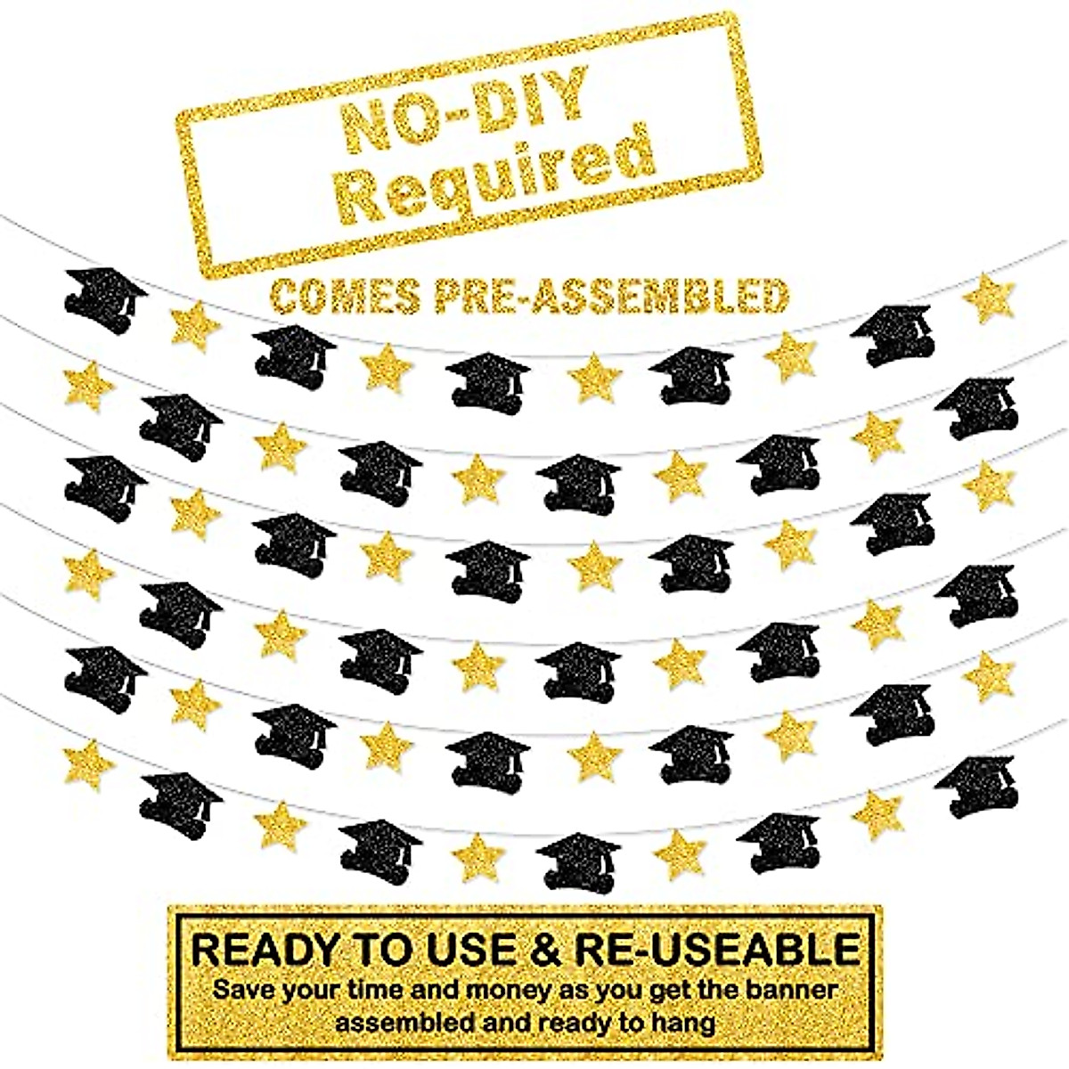 Glitter, 10 Feet Graduation Garland Black and Gold - 6 Strings, No DIY | Gold, Black Graduation Cap Garland for Graduation Party Decorations 2023 | Graduation Cap Banner for Graduation Cap Decorations