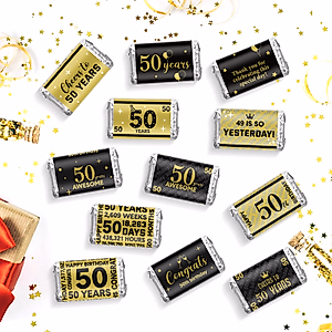Tenare 90 Pcs 50th Birthday Candy Bar Wrappers Black and Gold Stickers Chocolate Decoration Label Mini Candy Label Stickers for Anniversary Birthday Party Supplies