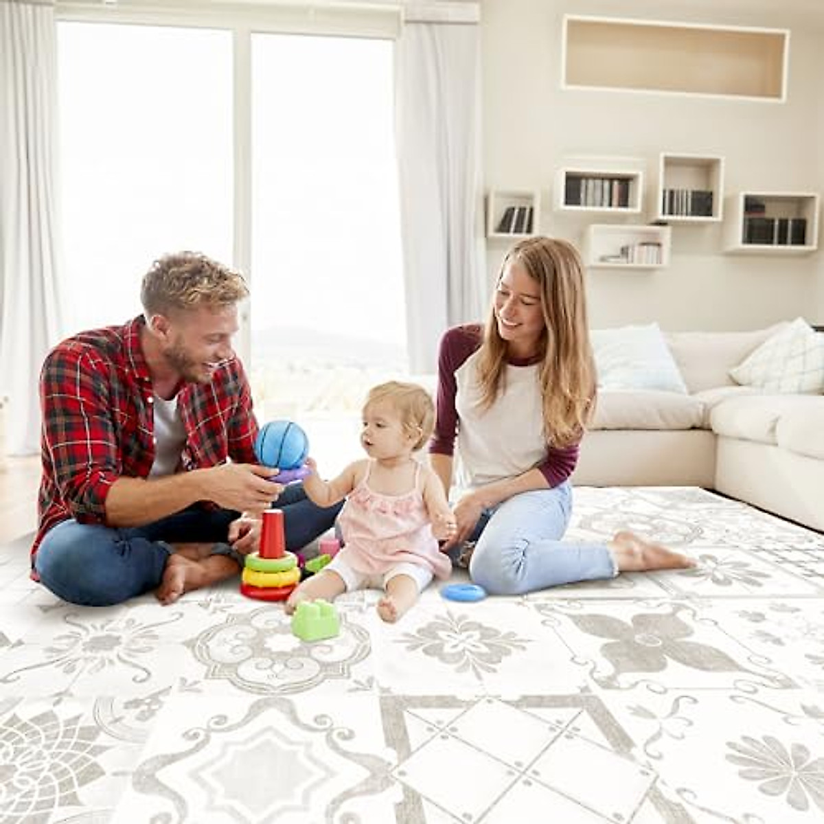 YUNHECHUHAI Natural Collection Area Rug, Thickened with Silicone-Backed Non-Slip Design, Odor-Free, Non-Shedding, Easy to Maintain. Ideal for Living, Dining, Bedroom(Geometry - Gray/White, 4x6ft)