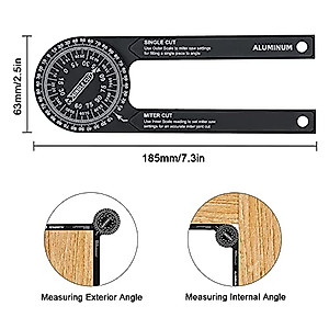 YOURCARE Miter Saw Protractor Angle Finder, 7 Inch Aluminum Miter Protractor, 360 Degree High Precision Miter Angle Finder, Angle Protractor Tool Woodworking, Crown Molding, Baseboard, Black (1 Pack)