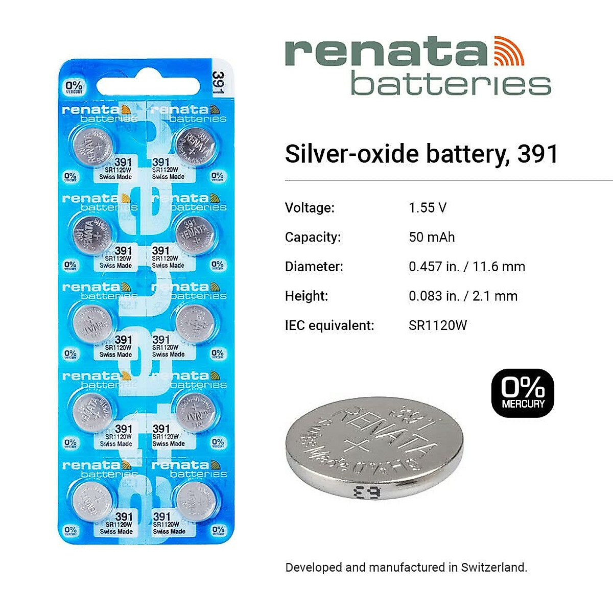 Renata 391 SR1120W Batteries - 1.55V Silver Oxide 391 Watch Battery (2 Count)