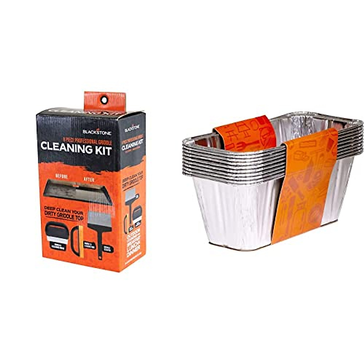 Blackstone 5060 Grill & Griddle Kit 8 Pieces Premium Flat Top Grill Accessories Cleaner Tool Set, Black & 5017 Griddle Rear Grease Cup Liner (Pack of 10) Disposable Foil Bacon Drip Catcher Tray