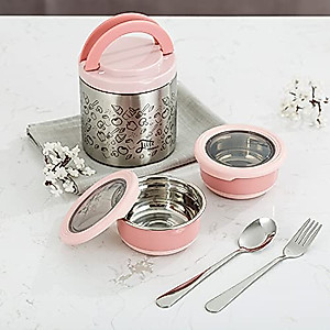 Lille Home Lunch Box Set, A Vacuum Insulated Bento/Snack Box Keeping Food Warm for 4-6 Hours, Two Stainless Steel Food Containers, A Lunch Bag, A Portable Cutlery Set (Pink)