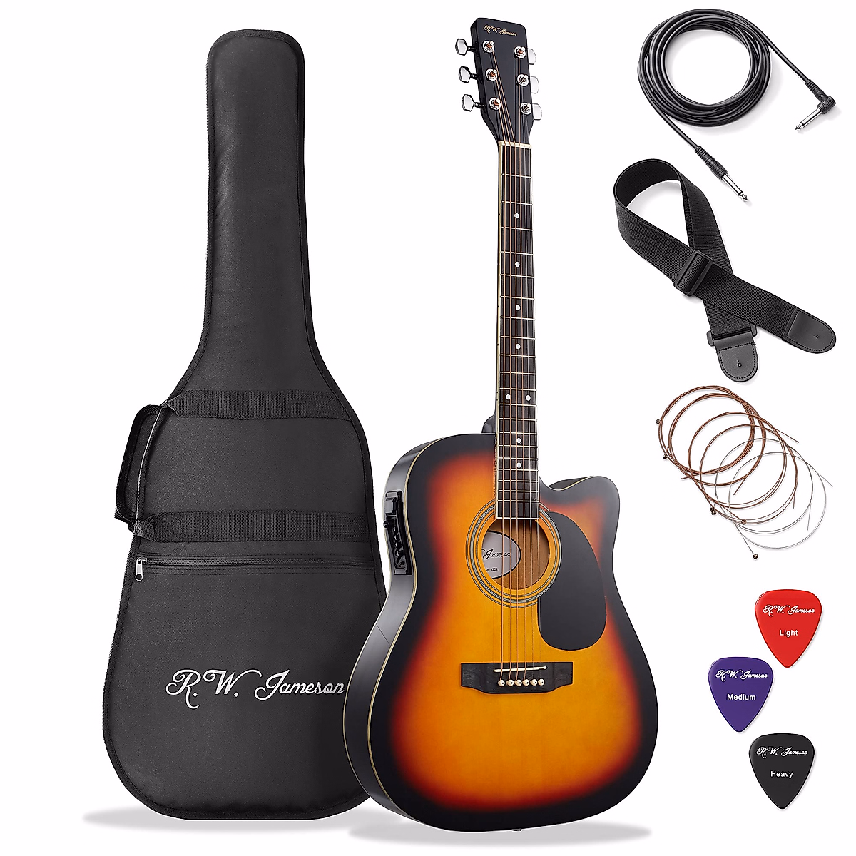 Jameson Guitars Full Size Thinline Acoustic Electric Guitar with Free Gig Bag Case & Picks Sunburst Right Handed