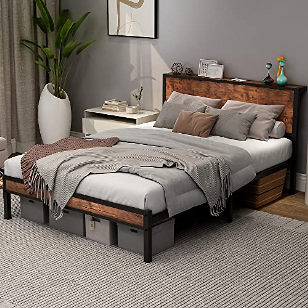 DUMEE Full Size Bed Frame with Wood Storage Headboard, Metal Platform Bed Frames Full, No Box Spring Needed, Noise Free, Reinforced Strong Support Leg, Textured Black&Brown Oak