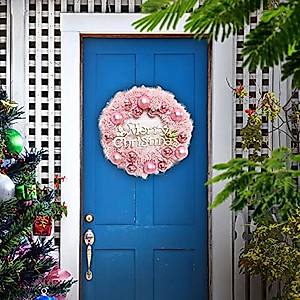 FRAKYEN Christmas Wreath Merry Christmas Garland Holiday Door Wreath Xmas Wreath with Pink Accents for Outdoor Indoor Home Party Décor,12inch