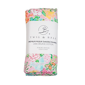 TWIG & BALE Colorful Pink Baby Blanket - 47" x 43" - Organic Cotton Muslin - Southern Preppy Charleston with Row Houses, Dolphin, Alligator, Birds, Floral Print Girl Baby Swaddle Blanket