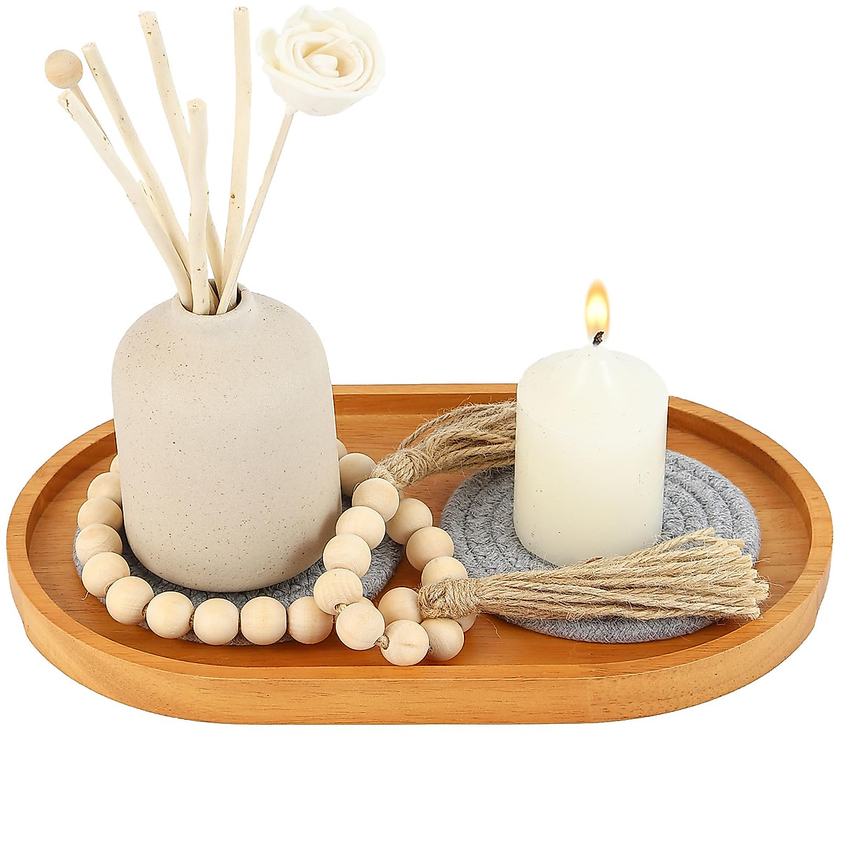 Yiranok Wooden Candle Tray Holder 11 * 6.5 Inch Elliptical Decorative Serving Trays for Coffee Table Centerpiece Home Decor Wood Table Tray for Kitchen Counter with Beads Decor and 2 Coasters