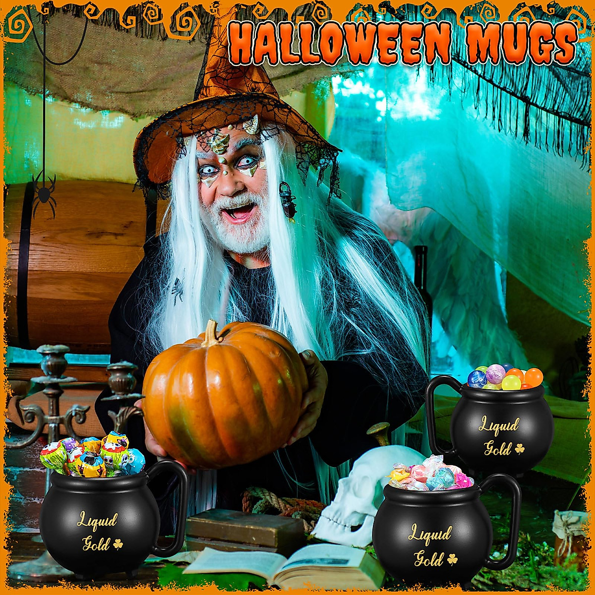 Uiifan 12 Pcs 15 oz Halloween Cauldron Plastic Witches Brew Cauldron Pot Halloween Cauldron Candy Bowl for Halloween Party Decorations (Clover Style)