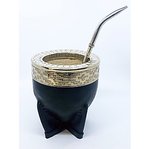 Generic, Premium Yerba Mate Gourd (Mate Cup) - Uruguayan Mate – IMPERIAL style Leather Wrapped - Includes Alpaca Bombilla (Straw) (Black, Leather)