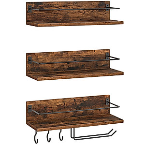 HOOBRO Wall Mounted Wine Rack 3 Pack, Wine Shelf Hanging Floating Wall Shelves, Wine Glass Bottle Rack Stemware Holder, for Living Room, Dining Room, Kitchen, Rustic Brown and Black BF33BJ01