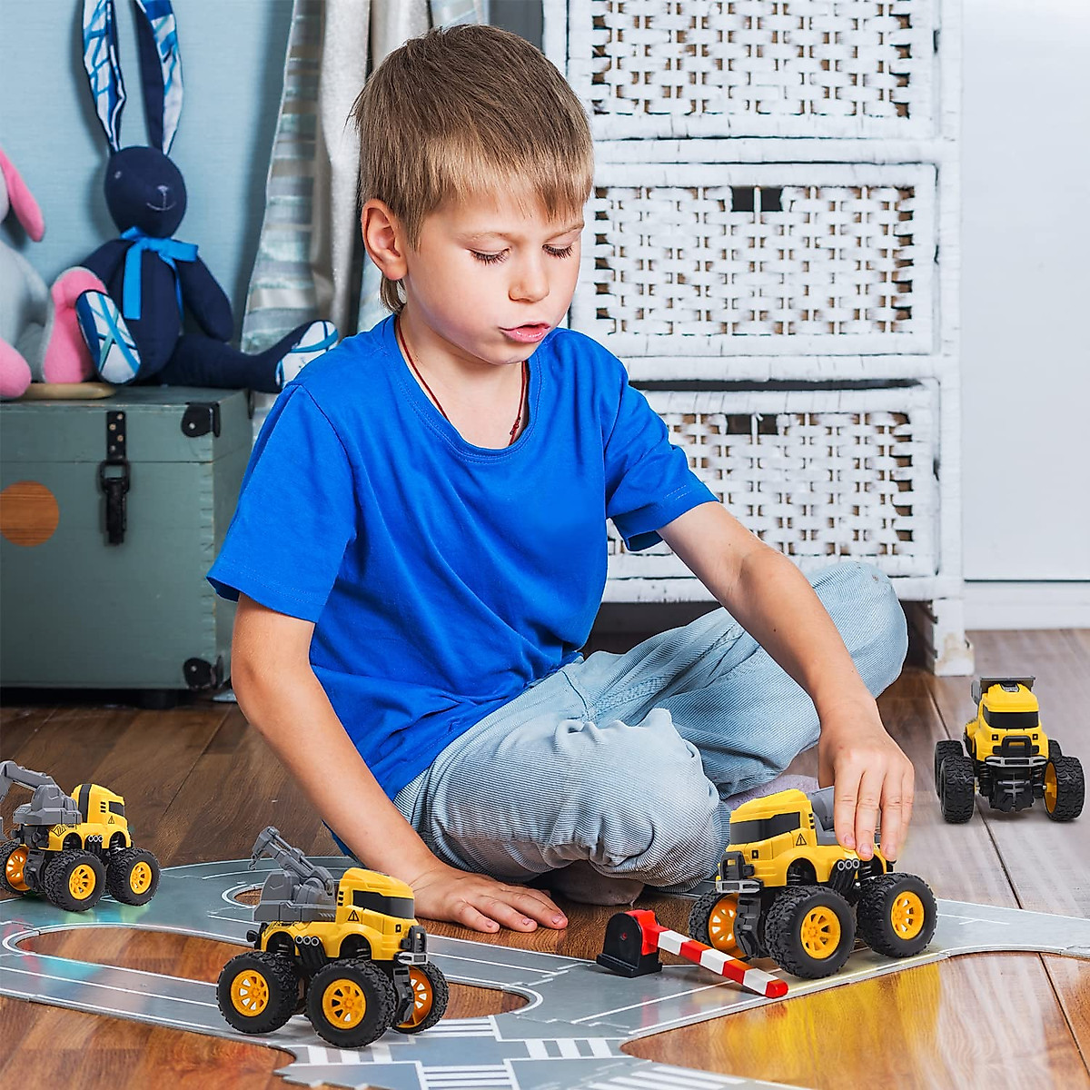 UOWGA Construction Toys for 3 Year Old Boys, 4 Pack Push and Go Car Truck Playset for Boys Girls Toddler Aged 3 4 5 6 Year Old Gifts for Kids Birthday