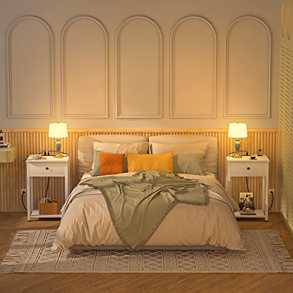 Ecoprsio Nightstand Set of 2 with Charging Station, White End Table Side Table with USB Ports, Wood Night Stand, White Bedside Table with Drawer and Shelf for Bedroom, Living Room, Sofa Couch, White