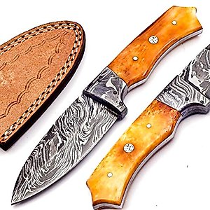 Nooraki SK-REG 44 Custom Handmade Damascus Steel Knife, Hunting knife, Camping knife, Survival Knife, Coloured Bone Handle, Full Tang with Leather Sheath
