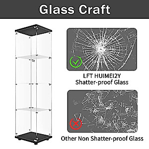 LFT HUIMEI2Y Glass Display Cabinet 4-Shelf with Door and Lock, Curio Cabinets Upgraded Quick-Install Style 5mm Tempered Glass Floor Standing Bookshelf for Bedroom, Living Room 64”x 17”x 14” Black