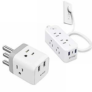 Flat Plug Power Strip - TROND 5ft Ultra Thin Extension Cord with 6 Widely Outlets and 3 USB Ports(1 USB C) + India to US Plug Adapter US to India Travel Plug Adapter 2 USB Ports 3 American Outlets
