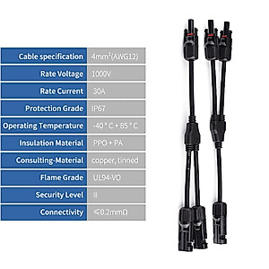 PFCTART Y Branch Solar Wiring Connector Plug, Panel Splitter Connectors and Wires Accessories Charge Controller Kit Solar Cable for Combiner Box (12AWG 1 Pair M/FF+F/MM)