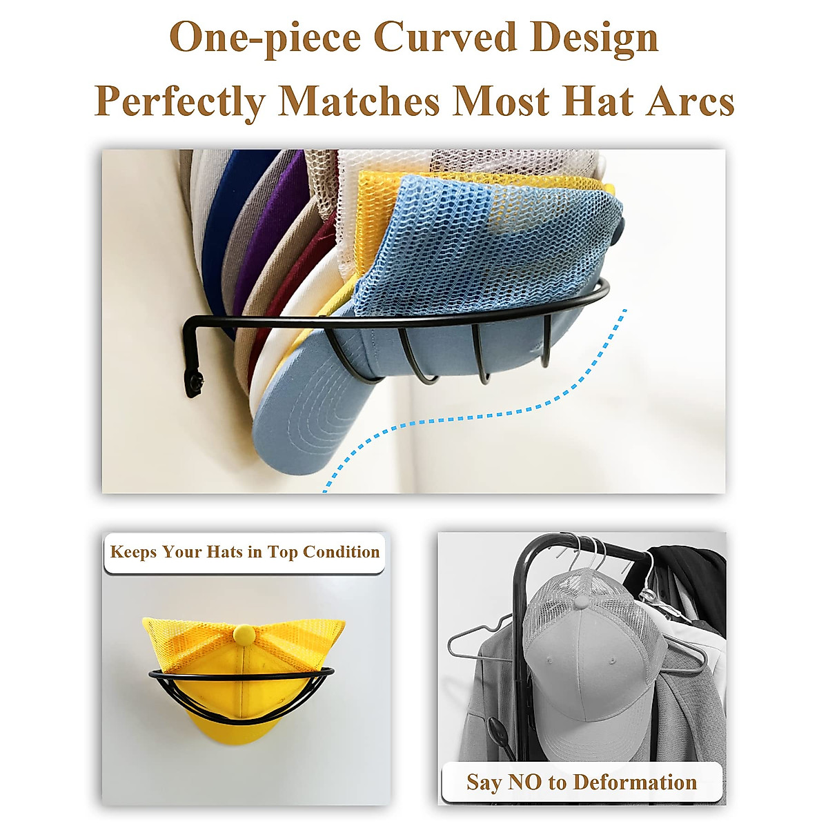 AAQR 2-Pack Hat Racks for Wall Closet, Compact Hat Organizer for Baseball Caps, Hat Storage Wall Closet for 30 Baseball Caps, Space Saver, Metal (Line Black)