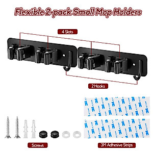NisuAM 2 Pack Broom Holder Wall Mount with 2 Slots 1 Hooks, Broom Hanger Self Adhesive, Garage Organization Garage Storage Stainless Steel Broom Mop Organized Wall Mounted Garage,Laundry room