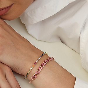 AFFY 14k Yellow Gold Plated 925 Sterling Silver Colourful Bar Setting Rainbow Baguette Sparkling Multi Color Sapphire Gemstone Tennis Bracelet, Jewelry for womens - 6.5" L