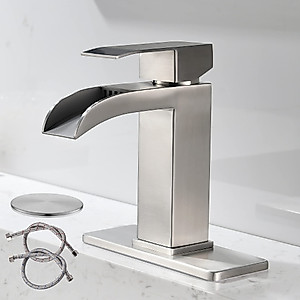 BRAVEBAR Brushed Nickel Waterfall Bathroom Faucet - Single Handle Sink Faucets Bathroom 1 Hole or 3 Hole for 4In | Modern Solid Brass Vanity Faucet with Deck Plate & Overflow Pop Up Drain