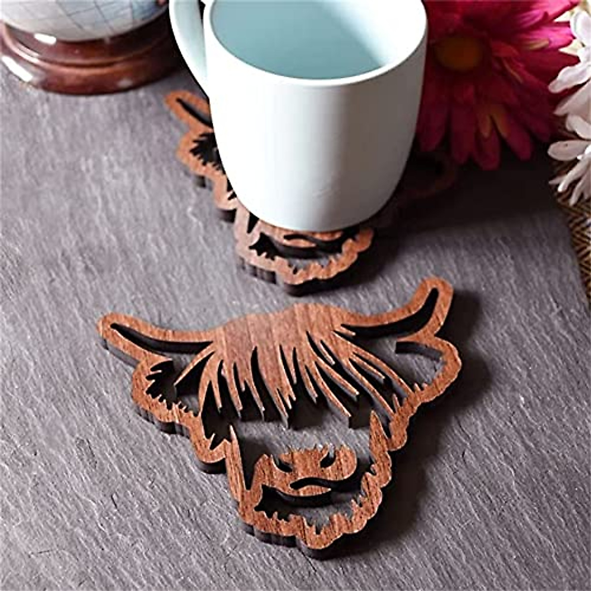 1 Pc Wooden Highland Cow Table Mats, Hollow Out Cup Coaster Hot Pads Dish Mat Non-Slip Coaster for Bar Club Home Decorations