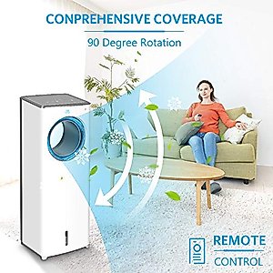 Evaporative Air Cooler - 2-in-1 Portable Air Cooling Fan, Instant Cool & Humidify with 3 Speeds, No Noise Tower Fan, No Dust, 3 Modes, 90°Oscillation, 8H Timer, Bladeless Fan for Large Room Office
