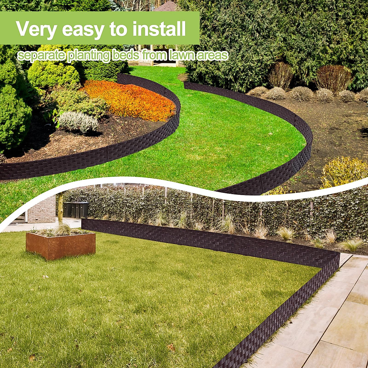 Sasylvia 8 Sets Faux Rattan Brown Landscape Edging Flexible Plastic Garden Border Decorative Lawn Edging Flower Bed Edging Borders with Anchoring Stakes and Hammer for Outdoor, 23.62 x 0.3 x 8.66 Inch