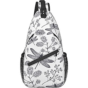 Sling Bag Dragonfly Botanical Flower Hand Drawn Hiking Daypack Crossbody Shoulder Backpack Travel Chest Pack for Men Women