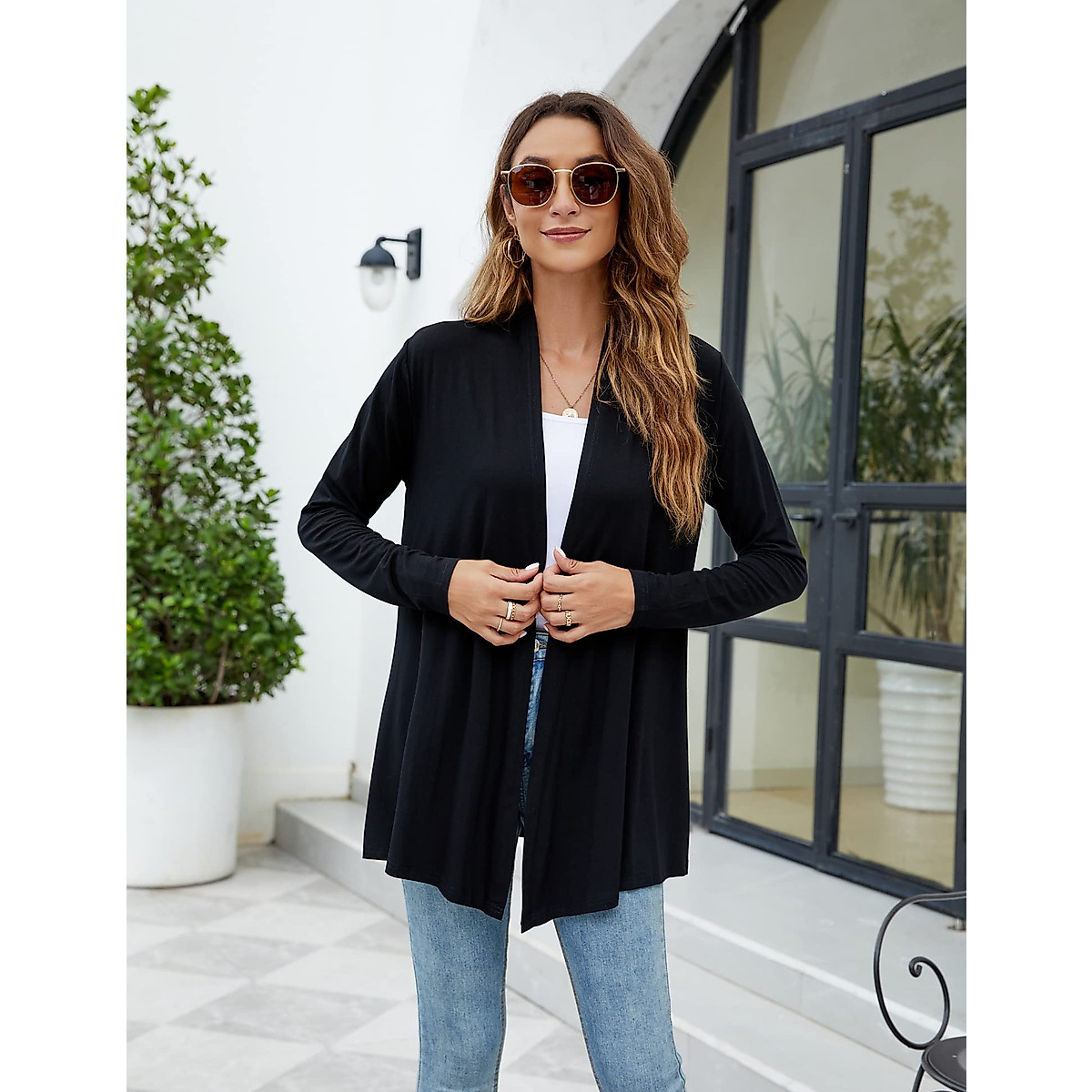 Newchoice Women's Casual Lightweight Cardigans Long Sleeve Soft Drape Open Front Black Dusters (Black, XL)