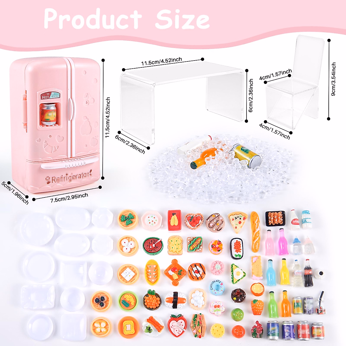 95 Pcs Dollhouse Refrigerator Mini Fridge Table Dining Car Toy with Food Set Kitchen Furniture Miniatures Party Fruits Juice Milk Desserts for Children Drink Cake Pretend Play Game Fake Ice Cubes