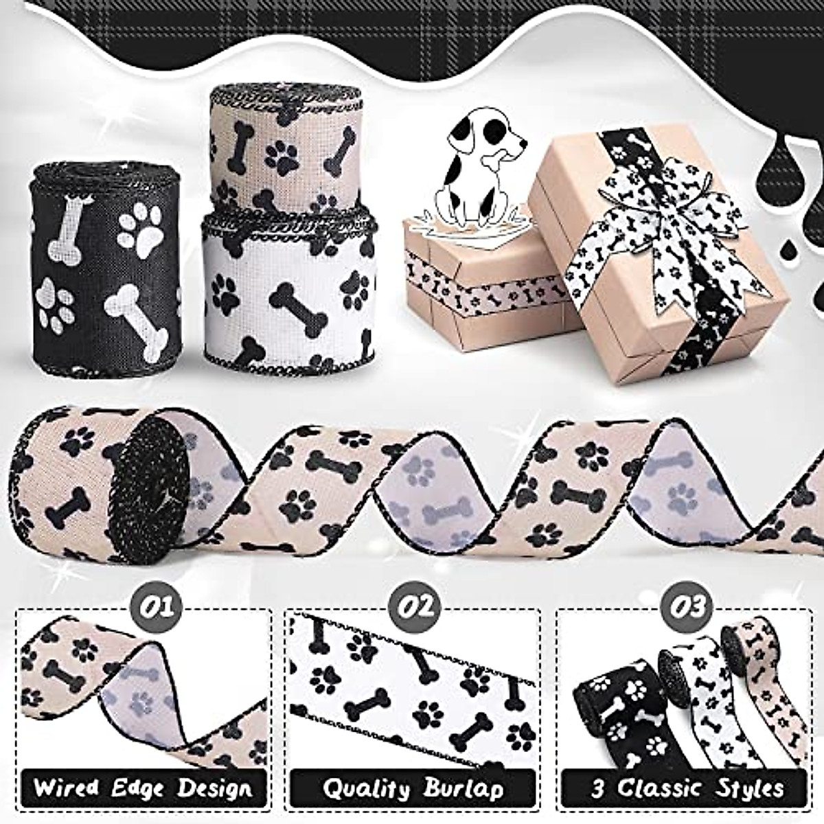 Waydress 3 Rolls 20 Yards Dog Paw Print Wired Edge Ribbon Burlap Craft Ribbons Gift Wrapping Ribbon Dog Paw Print Ornaments Fabric Ribbons for Christmas Home Party Wreath DIY Craft Bouquet Decoration