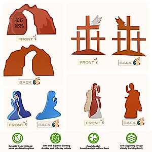 Ufkaa Easter Decorations, 4pcs Religious He is Risen Decor, Wooden Empty Tomb Resurrection Scene, Cross Table Christian Spring Decor, Farmhouse Easter Nativity Tier Tray Decor for Home Mantle