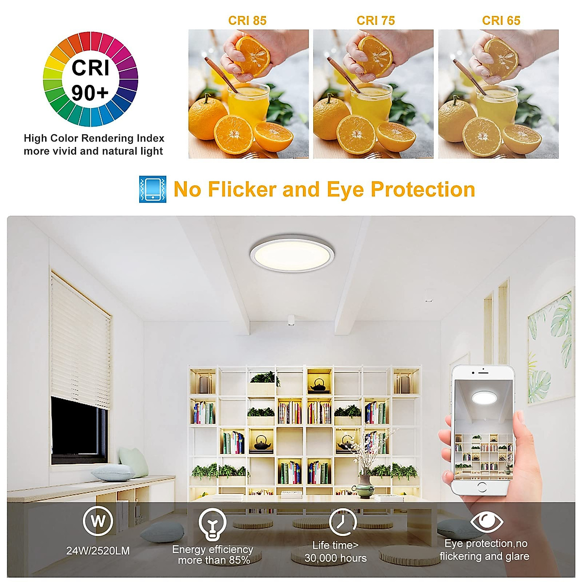 2 Pack 12 Inch Dimmable Flush Mount LED Ceiling Lights Fixtures 24Watt with 2PCS Remote Control, Color Temperatures in 3000K-6000K, Flat Round Ceiling Lamp Mount for Bedroom Kitchen Laundry Room