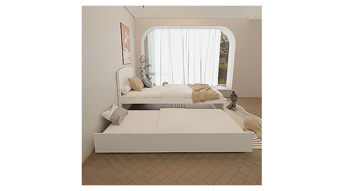 Xilingol Twin Trundle Bed – Solid Wood Frame with Headboard