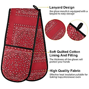Red Bandana Print Traditional Asian Elements Paisley Floral Flowers Double Oven Mitt Gloves Extra Long Potholder High Heat Resistant for Baking Cooking Baking Grilling Handling Hots Pans 35"x7"