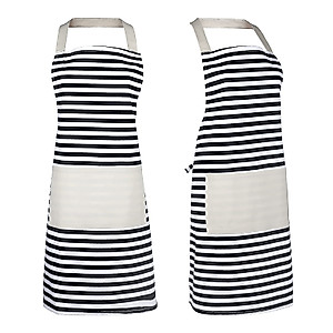FirstKitchen Kitchen Apron Women, Canvas Apron with Pockets, Black and White Striped Apron, Cooking Aprons for Women, Men Chef, Kitchen Bib Apron for Baking, Grilling and Gardening