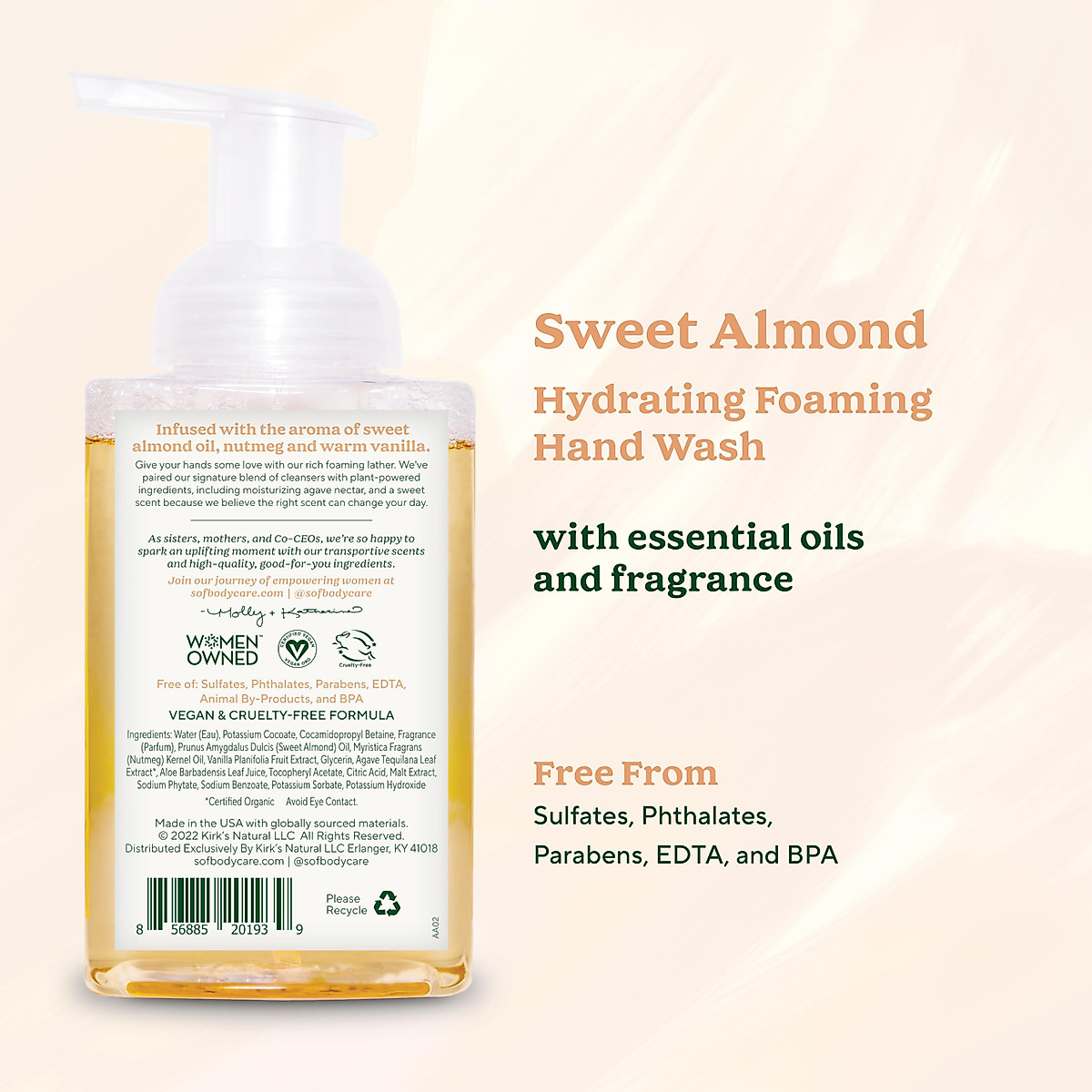 SoF Hydrating Foaming Hand Wash - With Organic Agave Nectar & Coconut Oil- Vegan & Non GMO- Free From Phthalates, Sulfates & Parabens- Sweet Almond - 8 oz Bottle 3 Pack