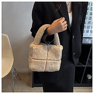 Fluffy Sherpa Mini Tote Bag for Women Girls Kawaii Purse Cute Tote Bag Aesthetic Soft Plush Handbag with Top Handle (Beige,one size)
