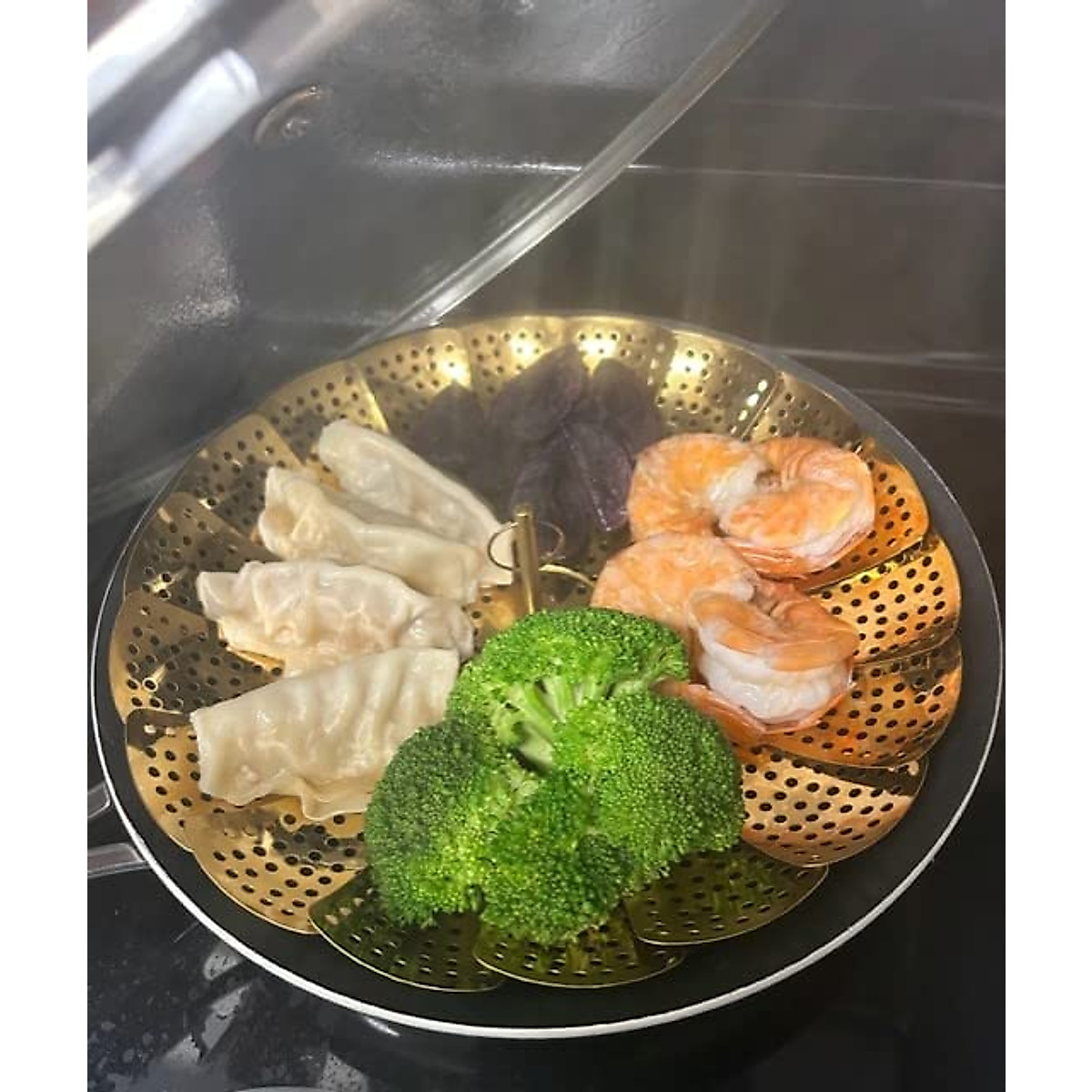 Steamer for Cooking Healthy Meals - Large Size 10 inch Foldable Vegetable Steamer. Steamer Basket. Stylish Golden Stainless Steel food steamer, great for steaming veggies, seafood, & more