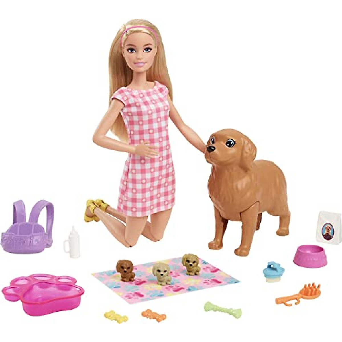 Barbie Doll and Pets, Blonde Doll with Mommy Dog, 3 Newborn Puppies with Color-Change Feature and Pet Accessories