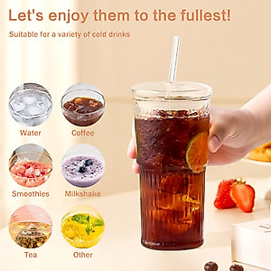 GOSCHE Glass Cups with Straws and Lids 2Pcs, 20oz Glass Cups Drinking Jar, Clear Iced Coffee Cups, Vintage Ripple Glassware for Water Coffee Tea, Clear