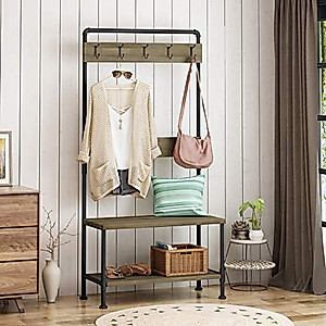 Christopher Knight Home Kay Indoor Industrial Acacia Wood Bench with Shelf and Coat Hooks, Gray Finish, Rustic Metal