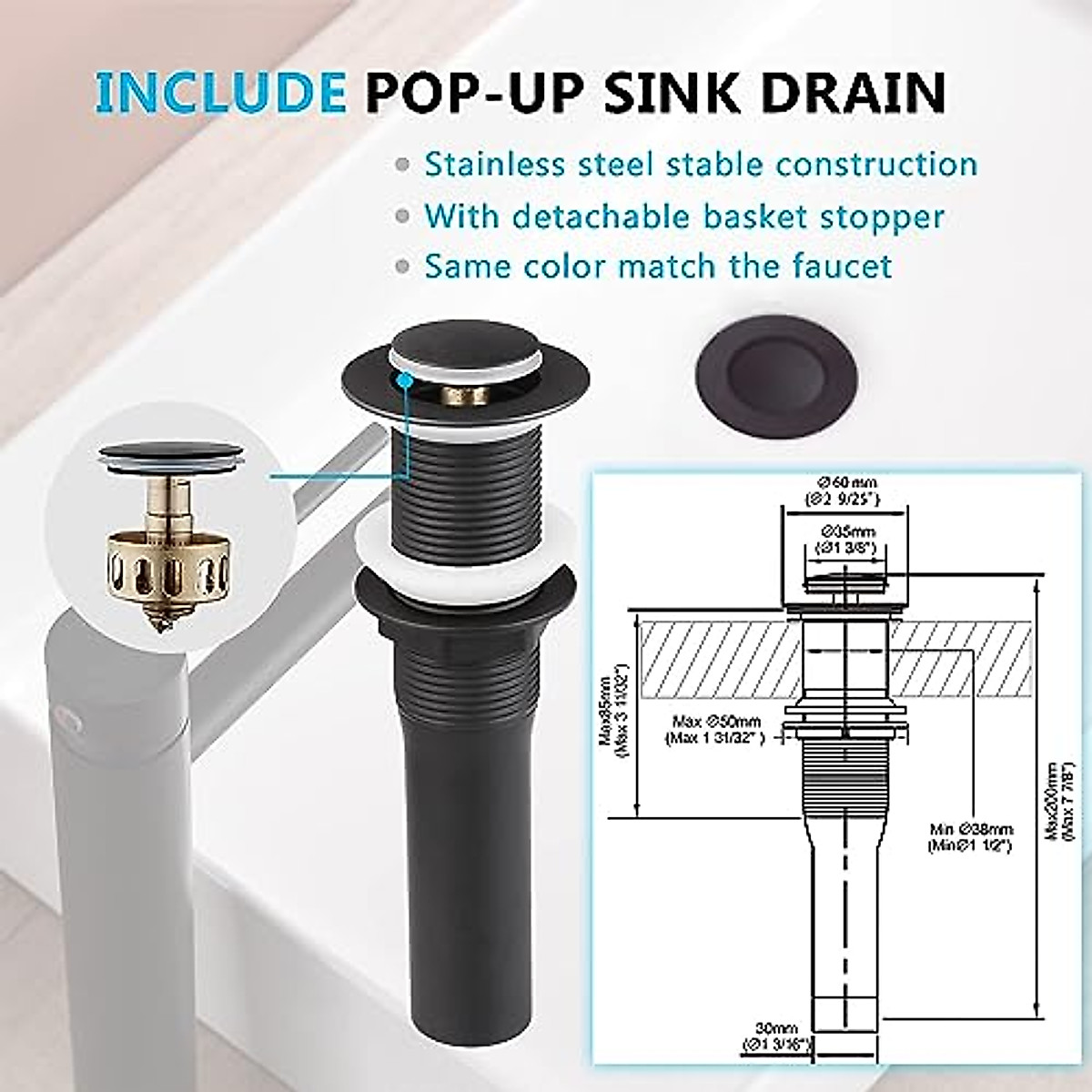 Bathroom Vessel Sink Faucet Matte Black Single Hole Tall Faucet with Long Spout, Include Pop up Sink Drain Stopper