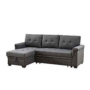 RITSU L-Shape Dark Gray Corner Couch with Storage Chaise, Linen Reversible Fabric Sleeper Sectional Sofa with Arms for Living Room, Apartment, Home Furniture, Dorm