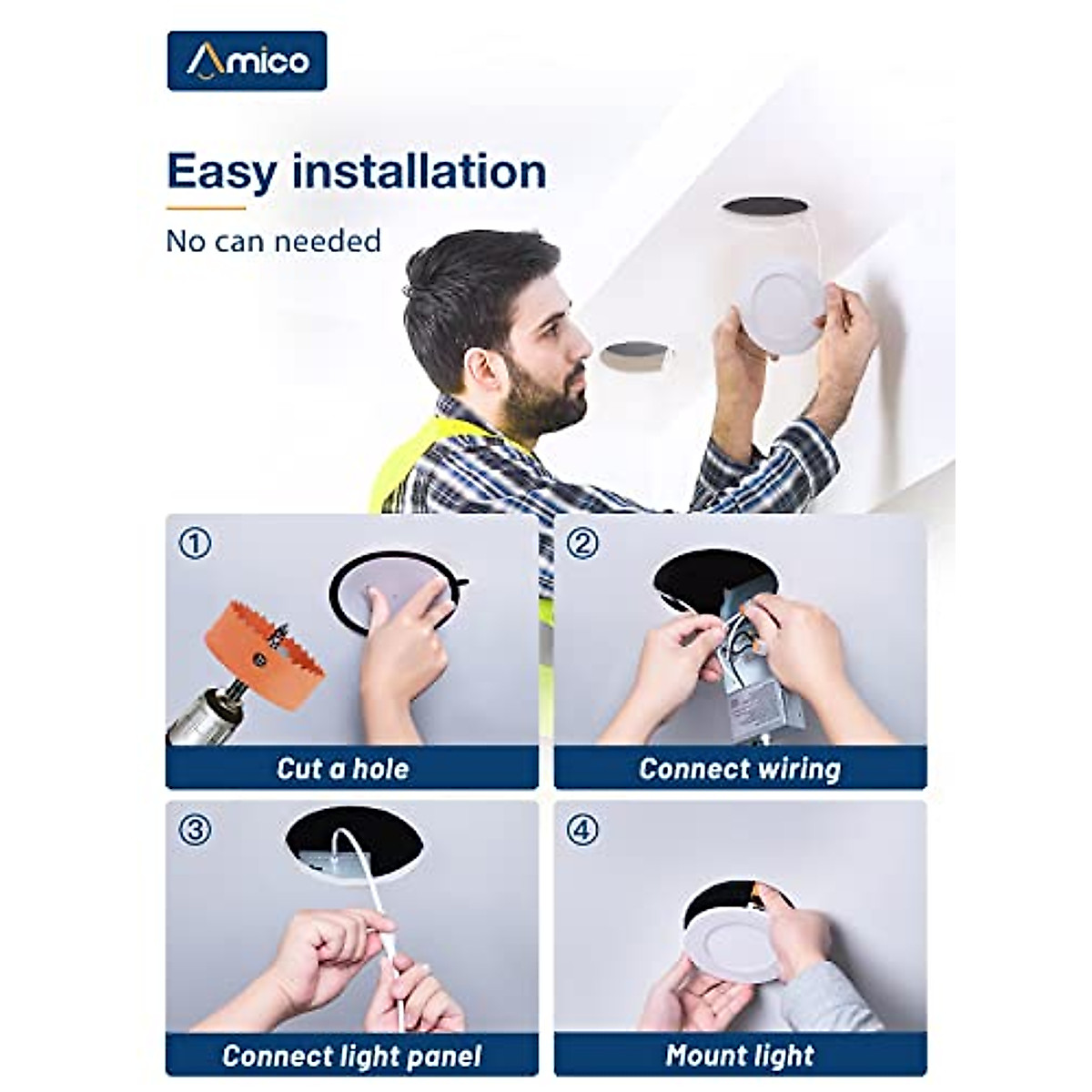 Amico 24 Pack 4 Inch 5CCT Ultra-Thin LED Recessed Ceiling Light with Junction Box, 2700K/3000K/3500K/4000K/5000K Selectable, 10W Eqv 60W, Dimmable Can Light, 800LM High Brightness Downlight - ETL&FCC