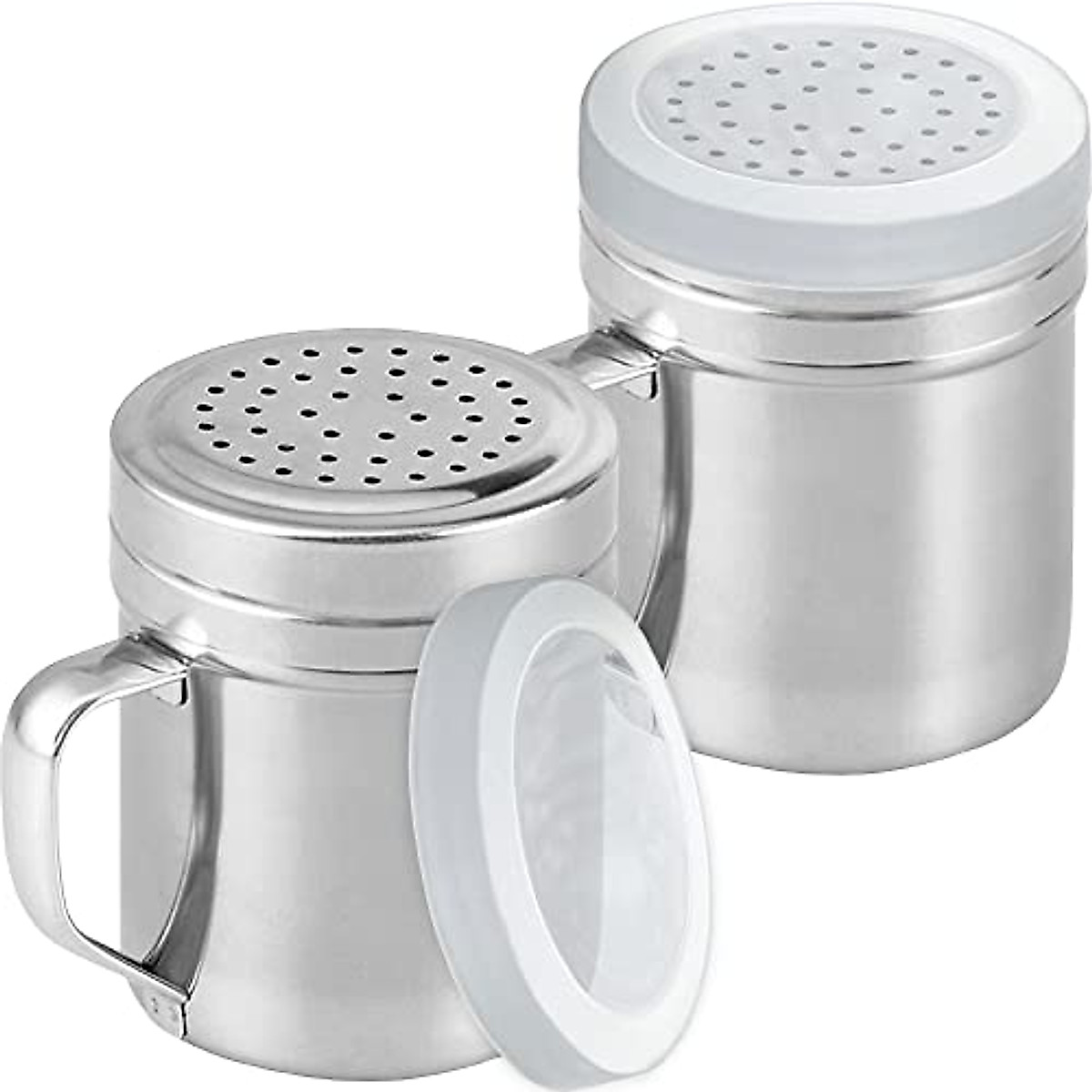CUSINIUM Metal Salt Pepper Dredge Shakers - With Handle - Seasonings Spice Shakers With Holes and Lids - 10 Ounce, 2pcs
