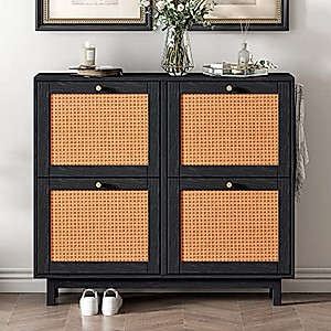 Merax Rattan Free Standing Shoe Rack with 4 Flip Drawers, Modern 2-Tier Storage Cabinet with Large Space for Entrance Hallway, Boho Style, Black
